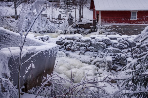 red Mill and partially Frozen River – Ritva Sillanmäki Photography